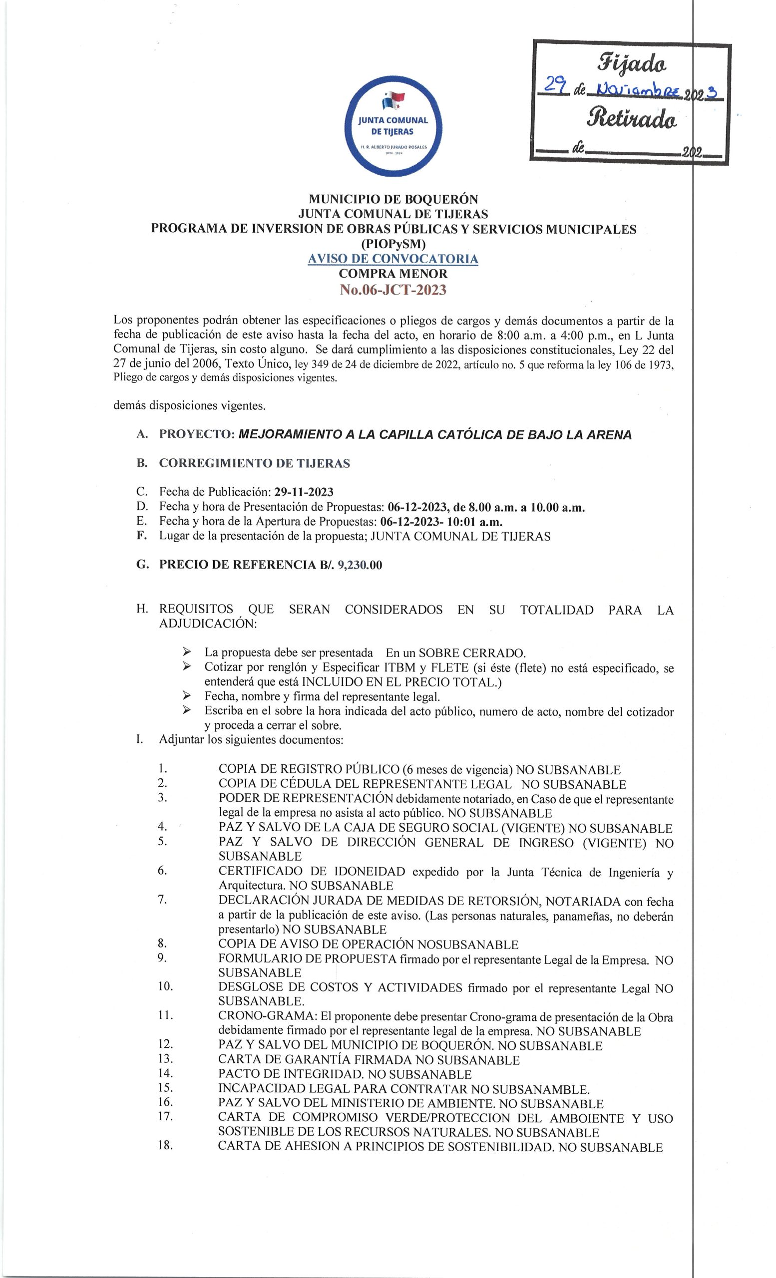 AVISO DE CONVOCTAORIA DE: «MEJORAMIENTO A LA CAPILLA CATÓLICA DE BAJO ...