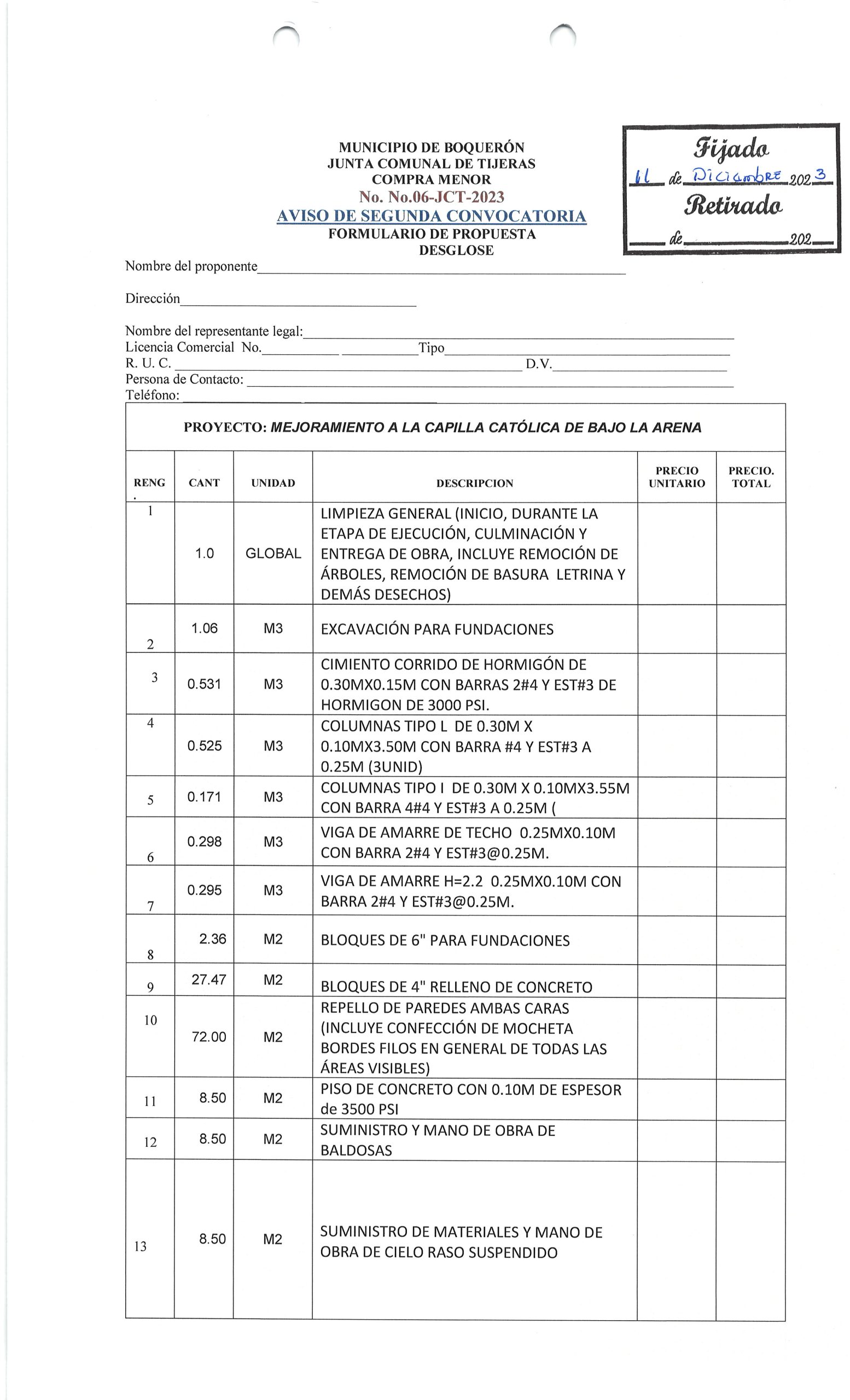 SEGUNDO AVISO DE CONVOCATORIA PARA:»MEJORAMIENTO A LA CAPILLA CATÓLICA ...
